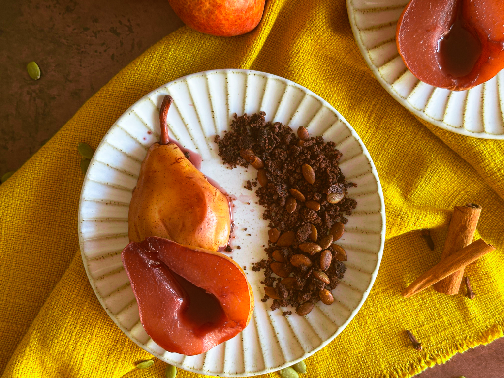 Red Wine Poached Pears with Chocolate Crumble | Italian Kitchen Confessions